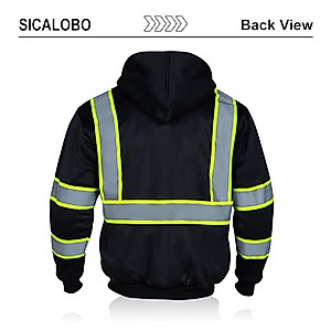 Sicalobo Men's High Visibility Fleece Lined Safety Hoodie,Reflective Winter Bomber Jacket,Hi Vis Construction Workwear(Black,2XL)