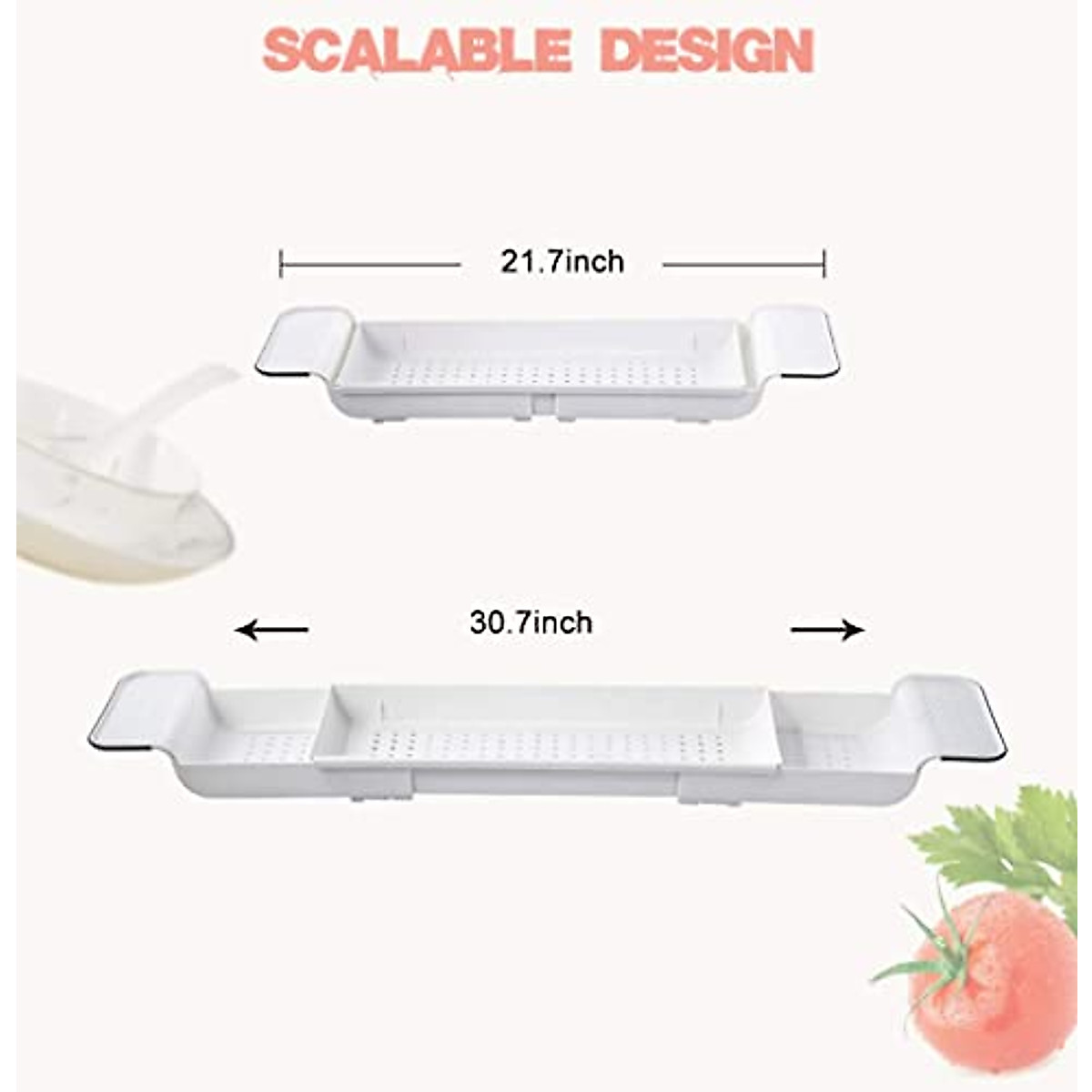 Expandable Bathtub Tray Drain Bath Caddy Tray Retractable Bath Caddy Tray Bathtub Storage Rack with Wine Glass Shelf Book Holder Candlestick Handle Dish Drain Rack
