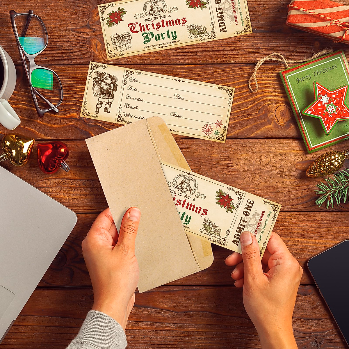Whaline 25Pcs Christmas Party Invitation with Envelopes Vintage Style Santa Claus Party Ticket Invites Cards Xmas Party Invites for Winter Baby Shower Celebration New Year Birthday Party