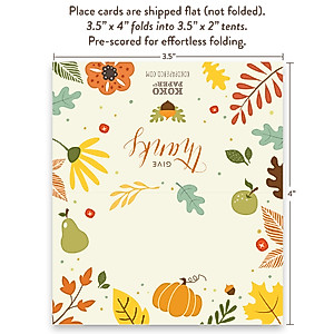 Koko Paper Co Thanksgiving Place Cards with Pumpkin and Autumn Foliage. Pack of 50 Tent Style Cards for Thanksgiving and Other Fall, Autumn Events. No Holder Necessary.