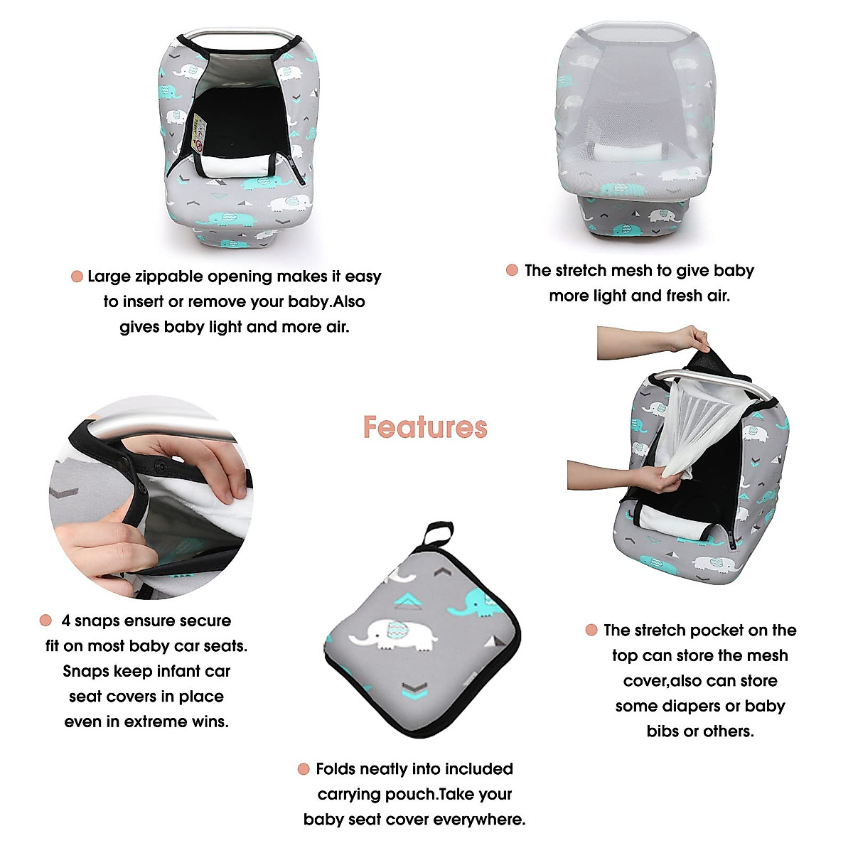 ACRABROS Car Seat Covers for Babies,Winter Autumn Spring Infant Carseat Cover Canopy for Boys and Girls,Stretchy Adjustable Peeping Window with Mesh Cover,Warm Breathable Universal, Baby Elephant