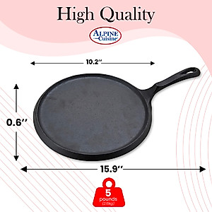 Alpine Cuisine Round Comal Cast Iron 10 Inch Seasoned Coating Black with Durable Single Handle – Comfortable Comal For Cooking, Even Heating & Versatile Kitchen Cookware Color Sleeve Bag Packing