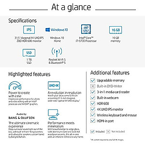 HP Envy 32 All-in-One Computer, 9th Gen Intel Core i7-9700 Processor, 4K UHD Monitor, NVIDIA GeForce GTX 1650 Graphics (4 GB), 16 GB RAM, 1 TB SSD, Windows 10 (32-a0010, Nightfall Black)