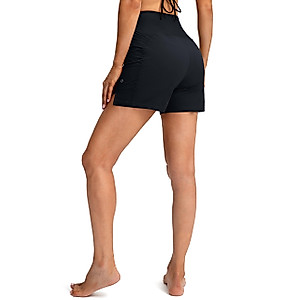 G Gradual Women's 5" High Waisted Swim Board Shorts with Phone Pockets UPF 50+ Quick Dry Beach Shorts for Women with Liner(Black, Large)