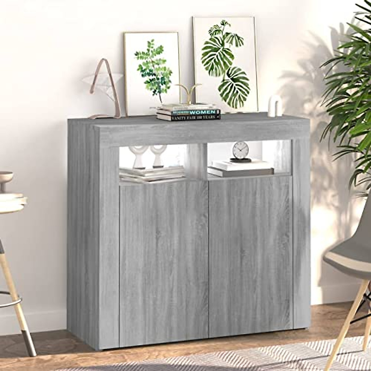 GaRcan TV Cabinet with LED Lights Gloss TV Stand Unit with LED Lights Unit Entertainment Centre Modern TV Unit Desk Bedroom Living Room, Smoked Oak 80 x 35 x 75 cm (Grey Sonoma 80 x 35 x 75 cm)