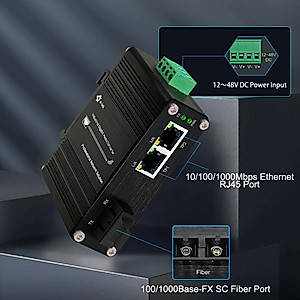 Mini Industrial 2 Ports Gigabit Media Converter Din Rail Mount Hardened Fiber Media Converter Ethernet Media Converter Single Mode 20km with SC Optic + 2 Rj45 Port 12~48V DC Input