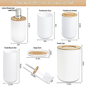 6 Pcs White Bathroom Accessories, Bamboo Bathroom Accessories, Includes Soap Dispenser, Toothbrush Holder,Rinse Cup,Soap Dish, Waste Bin,Toilet Brush-Practical Toilet Kit for Home Washing Room (White)