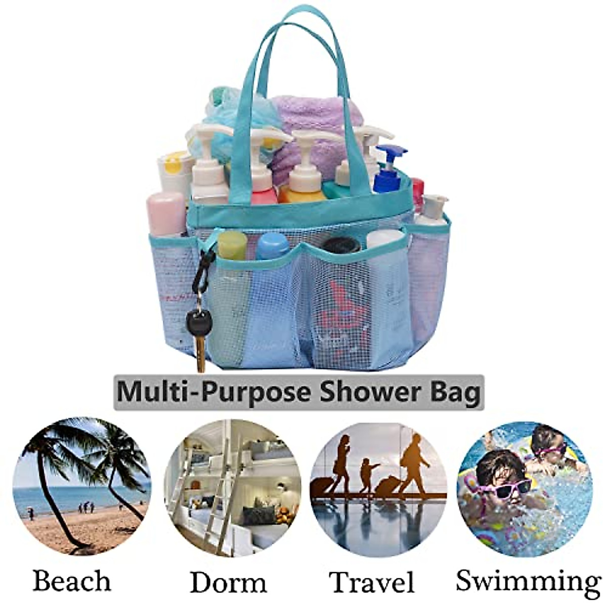 Darunyar Mesh Shower Caddy Tote for College Dorm Room Essentials, Hanging Large Portable Shower Tote Bag Toiletry Organizer with Key Hook for Bathroom Accessories(blue)