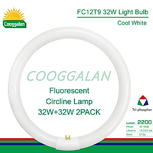 COOGGALAN FC12T9/CW 32W Cool White Circular Light Bulbs, 12 inch Round T9 32 Watts FC12T9/841 4100K Circline Fluorescent Bulb, Replacement Kitchen and Bath Circle Light Bulb, G10q 4 Pin Prong, 2 Pack