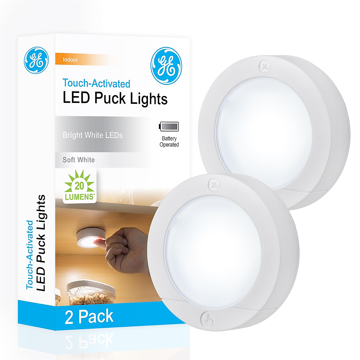 GE Wireless LED Puck Lights, 2 Pack, Battery Operated, 20 Lumens, Touch Light, Tap Light, Stick on Lights, Under Cabinet Lighting, Ideal for Kitchen Cabinets, Closets, Garage and More, 25434