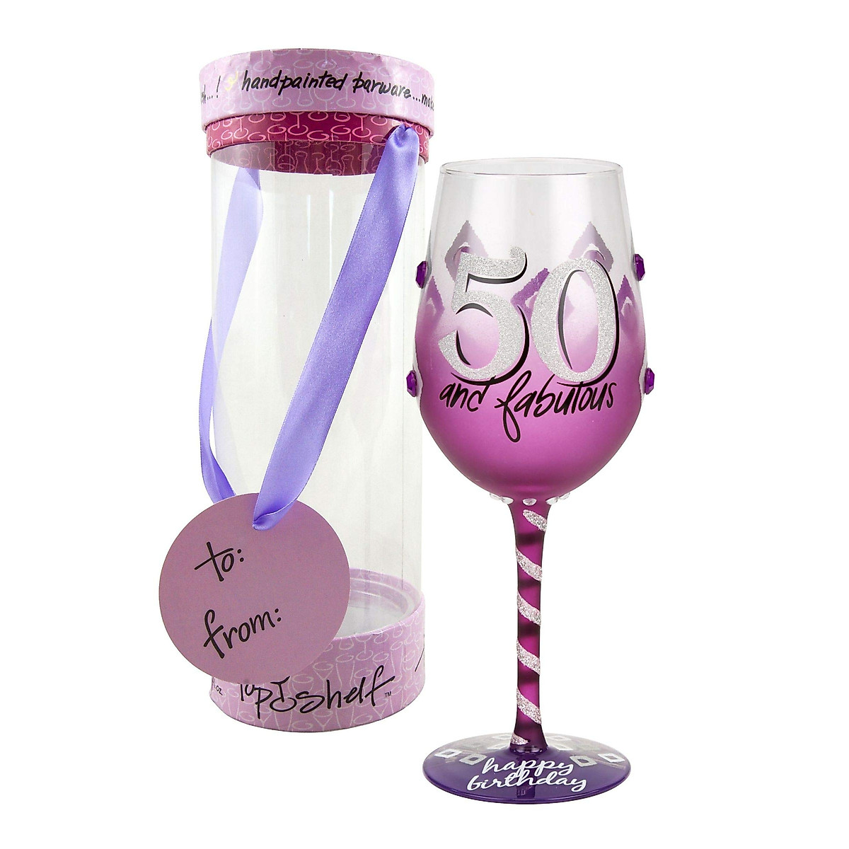 Top Shelf 50th Birthday Wine Glass ; Unique & Thoughtful Gift Ideas for Friends and Family ; Hand Painted Red or White Wine Glass for Mom, Grandma, and Sister