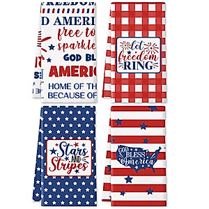 Vansolinne Independence Day Kitchen Towels Set of 4 Waffle Fabric Dish Towels White Kitchen Hand Towels Kit Novelty Gifts for Patriotic Party Decor