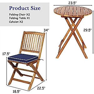 HAPPYGRILL 3-Piece Patio Bistro Set Table & Chair with Cushions Foldable Wooden Furniture Chairs and Coffee Table for Outdoor Balcony Garden Backyard