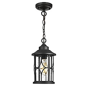 zeyu Outdoor Pendant Light for Porch - 12 Inch Farmhouse Exterior Hanging Lantern with Seeded Glass, Black Finish, ZX48H BK
