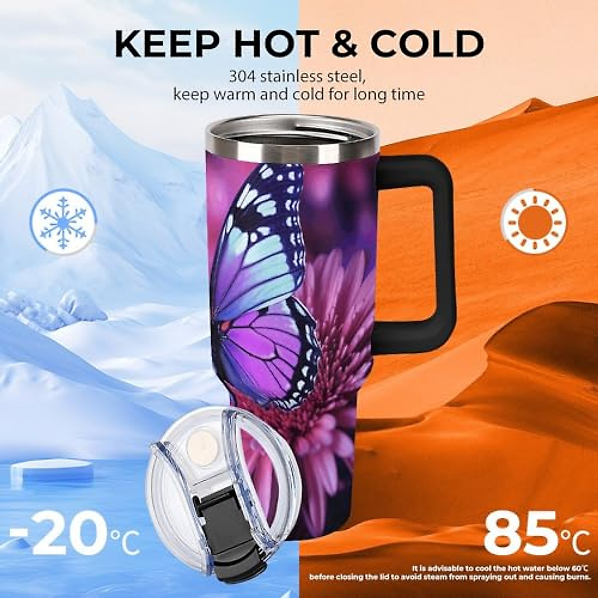 Purple Butterfly And Flower Insulated Stainless Steel Travel Mug, 40 Oz Tumbler with Handle And Straw Double-Wall Vacuum Coffee Cup, Leak-Proof Lid, Keeps Drinks Hot/Cold for Hours
