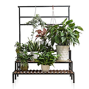 NANKINGFANGAO 3 Tier Hanging Plant Stand Ladder Plant Shelf, Tall Plant Stand Outdoor Indoor Steel-Wood Plant Shelves Metal Frame, Suitable for Terrace Garden Corner Balcony, Living Room Storage