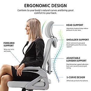 Yaheetech Ergonomic Mesh Office Chair, High Back Desk Chair with with flip-up Armrests, Adjustable Padded Headrest Computer Chair with Lumbar Support for Home Oiffce Game Room, Full Gray