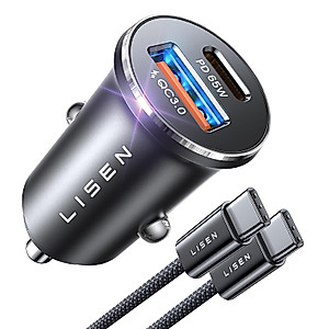 LISEN 95W Car Charger USB C Fast Charge PD65W Super Fast Charging Car Phone Charger Adapter Type C All Metal Cigarette Lighter USB Charger Adapter for iPhone 15 Pro Max iPad Pro Samsung Galaxy