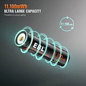 EBL 3.7V Li-ion Rechargeable Batteries 3000mAh 18J Rechargeable USB Lithium Battery for Flashlights, Headlamps, Doorbells, RC Cars (2 Pack)