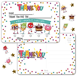 Gooji Kid’s Thank You Cards, 25 Pc. Postcards Set, Double-Sided Custom Cardstock with Fill in the Blank Messages for Birthday Party, Event, or Holiday Use, Stickers Included (Party Treats)
