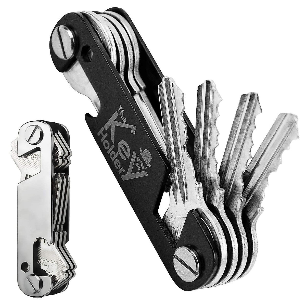 2PCS Key Organizer Keychain, Compact Key Holder Keyring, Smart & Light-weight Multi-tool Folding Key Chain with Bottle Opener/Phone Stand (Up to 6~10 Keys, Black & Silver)