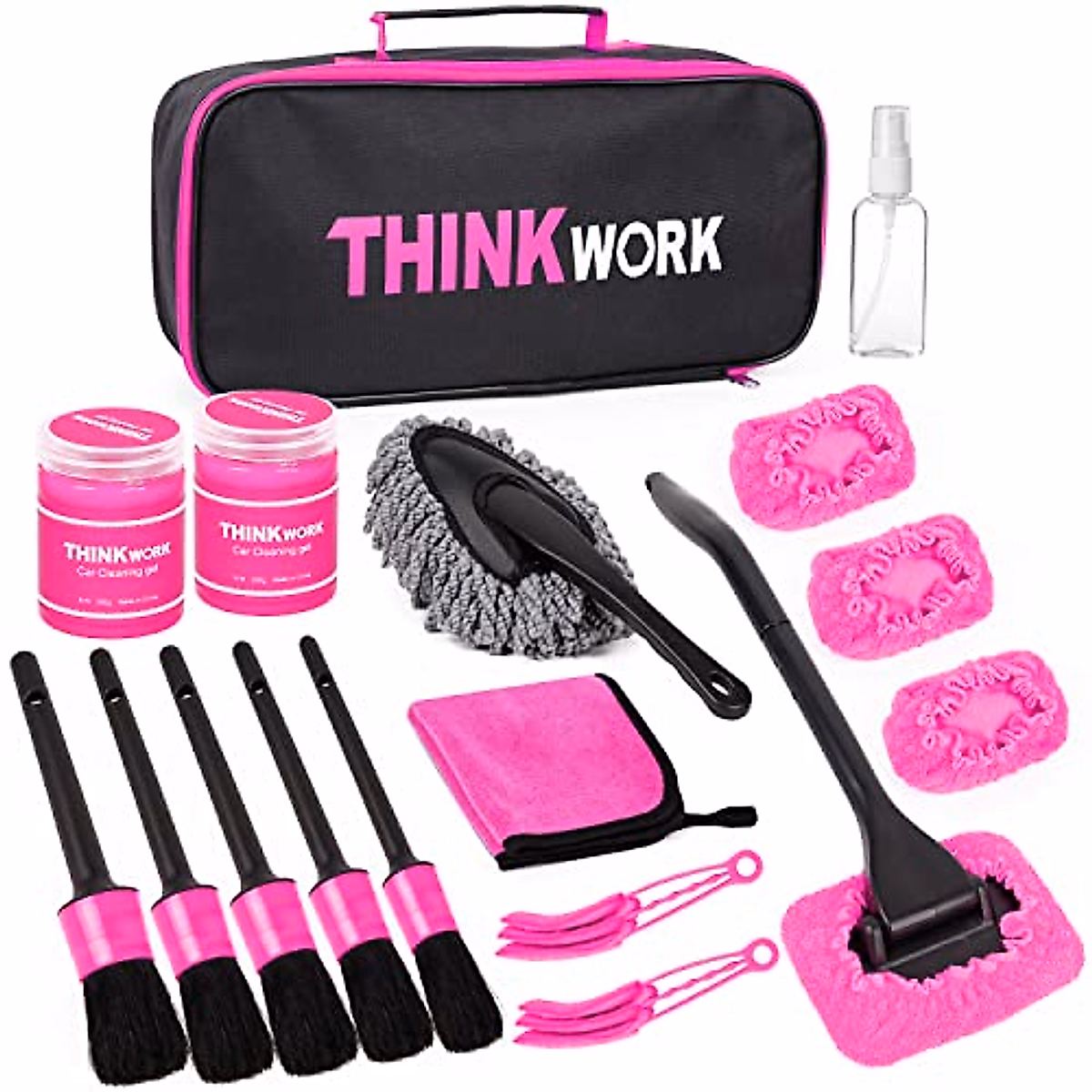 THINKWORK Pink Car Duster Interior Kit, Perfect Car Detailing Kit, Car Detailing Brush Kit for Cleaning Windows,Windshield,Dashboard and Air Vents Suitable for All Cars