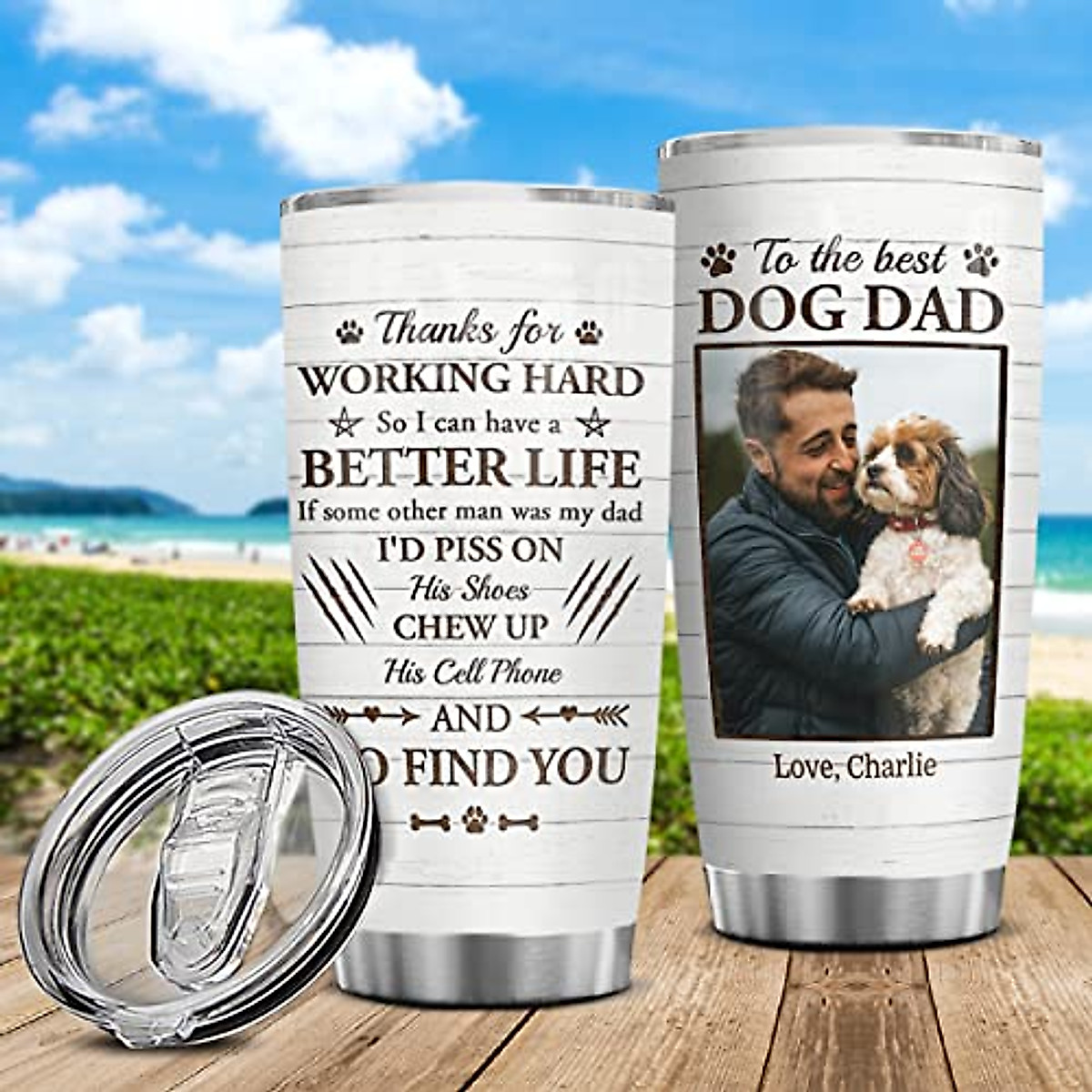 Leoniverse Personalized Dog Dad Tumbler with Photo Picture Stainless Steel Tumblers Coffee Travel Mug Cup 20oz 30oz With Lid Birthday Christmas Fathers Day Custom Gifts For Dogs Lovers