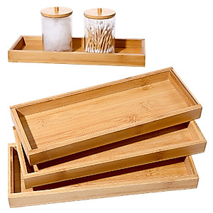 Bamboo Tea Serving Tray 3 Pcs Decorative Multi Use Bathroom Counter Tray with Edges Bamboo Vanity Tray for Dresser Counter Food Coffee Tea Snack Tissues Candles, 11 x 4 Inch