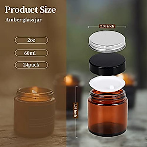 2 oz Amber Round Glass Jars (24 Pack & 48 Lids), Empty Cosmetic Containers with Inner Liners and 24 black Lids & 24 Silver Lids for Slime, Beauty Products, Cosmetic, Lotion, Ointments & DIY
