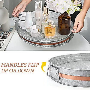 LotFancy Galvanized Metal Serving Tray with Handles, 17 x 12 inch Oval Rustic Decorative Tray with Copper Trim, for Coffee Table, Party, Home, Christmas Décor, Farmhouse Centerpiece