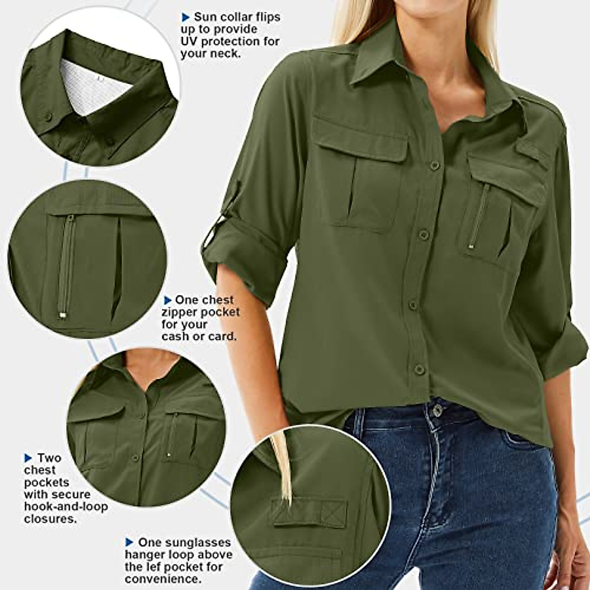 Toumett Women's UPF 50 Long Sleeve UV Sun Protection Safari Shirts Outdoor Quick Dry Fishing Hiking Travel Shirts(Amy Green,M,5071)