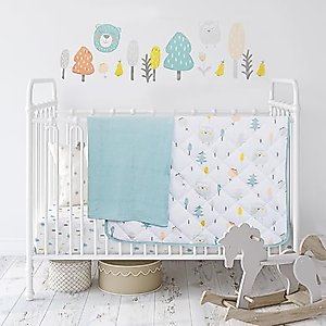 Crib Bedding Sets for Boys 5 Pieces Includes Baby Crib Sheets x2, Cotton Quilt, Baby Blanket & Bonus Wall Decal Set