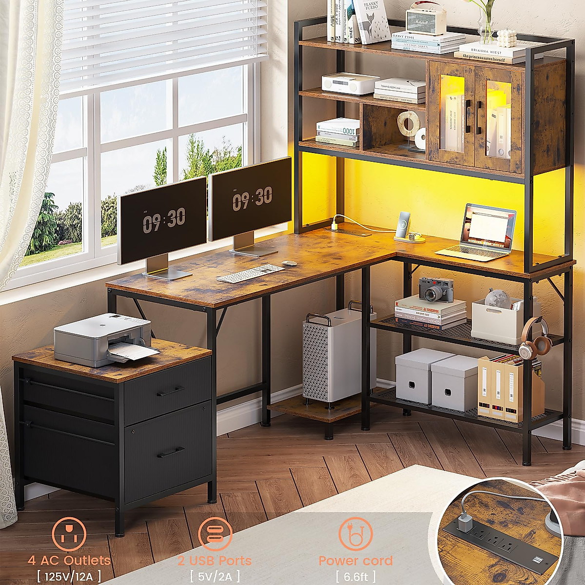 UPOSOJA L Shaped Computer Desk, 69.7in Gaming Desk with Hutch, Home Office Desk with Power Outlet, Bookshelf Led Strip File Cabinet Printer Rack (Brown, 1 Hutch)