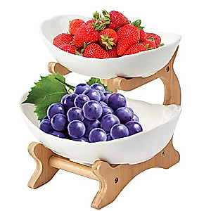 ERFEI Fruit Bowl Oval Ceramic Bowls with Wood Rack Tied Serving Tray Food Display Stand Bowl for Kitchen Counter, Home, Parties (2 tier)