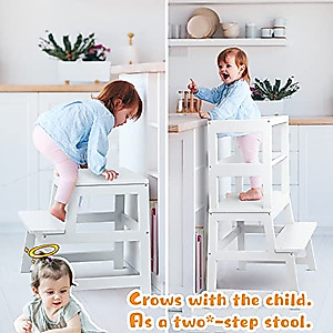 Kitchen Step Stool for Toddlers with Non-Slip Mat, WOOD CITY Wooden Kids Montessori Learning Stool Tower, Toddler Standing Tower Helper for Kitchen Counter and Bathroom Sink(White)