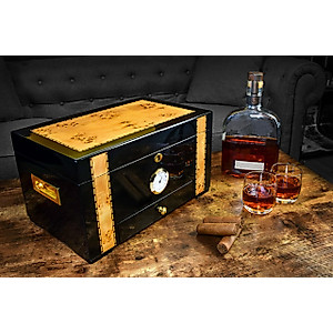 69Bourbons Exotic Cigar Humidor - Large Ebony Wood Storage Box with Spanish Cedar Wood Interior, Accessory Drawer, Exterior Hygrometer - Airtight Humidity, Removable Dividers - Cabinet for 150 Cigars