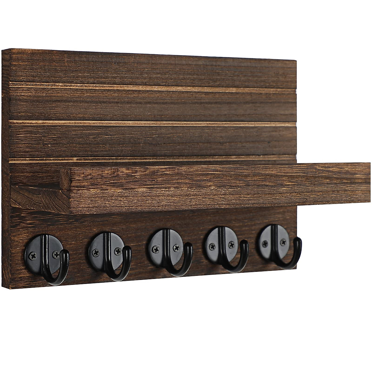 Lwenki Key Holder for Wall, Decorative Key and Mail Holder with Shelf Has Large Key Hooks for Bags, Coats – Paulownia Wood Key Hanger with Mounting Hardware (9.8”W x 6.7”H x 4.2”D) (Brown)