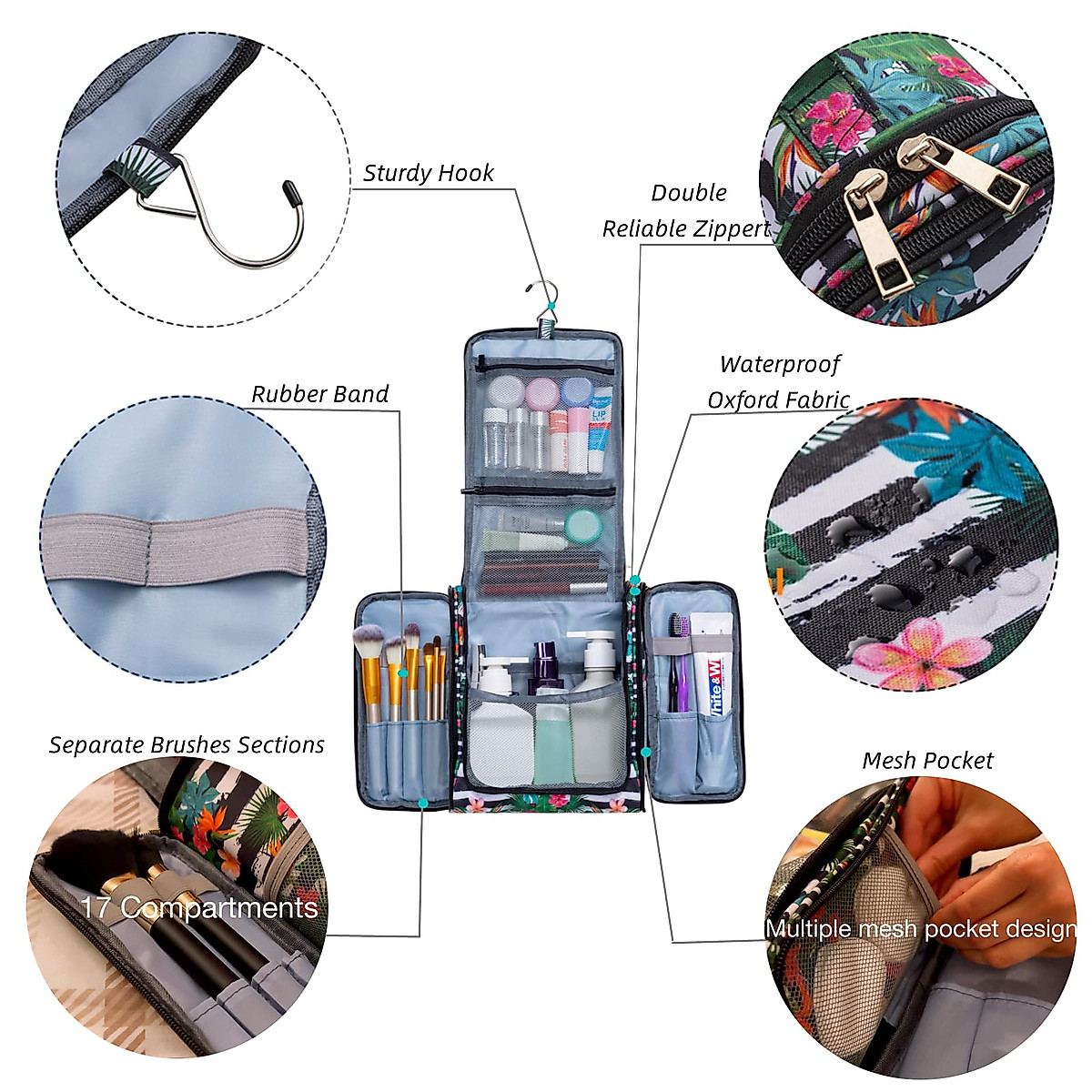 JNYCL Hanging Travel Toiletry Bag for Women and Girls, Portable Waterproof Cosmetic Travel Bag, 17 Compartments, Non-slip zipper, Sturdy Hook, Perfect for Daily Use and Travel. (Medium)