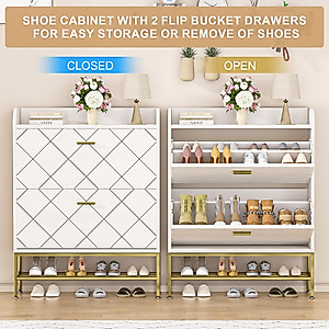 VTRIN Shoe Cabinet with 2 Flip Drawers, Wooden Shoe Organizer Cabinet Modern Sturdy Hidden Shoe Rack Cabinet with Metal Legs Narrow Shoe Cabinet for Entryway Shoe Storage Cabinet, White