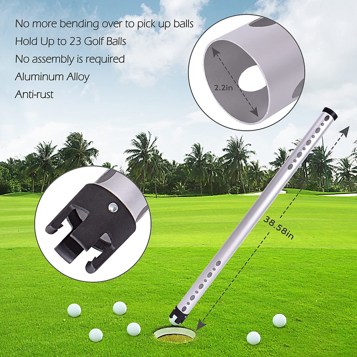 River Hill Golf Golf Ball Retriever, Aluminum Alloy Picker Upper Tube, 23 Golf Balls Shagger Grabber, 38.6 Inch Ball Collector, Pickup Tool Device for Men Women