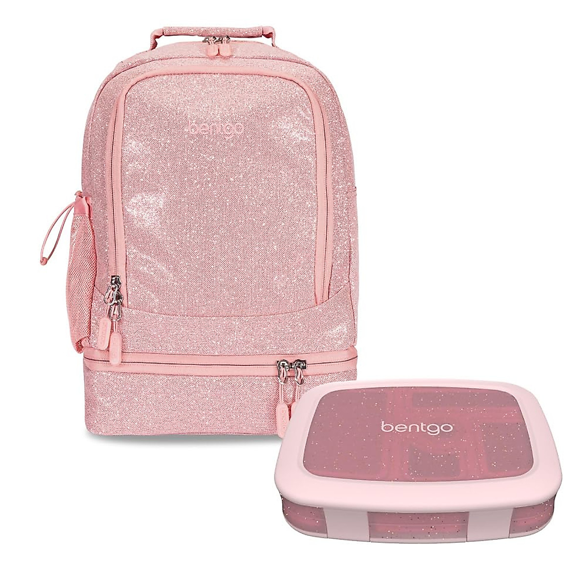 Bentgo® Kids 5-Compartment Lunch Box With Kids 2-in-1 Backpack & Insulated Lunch Bag (Glitter Edition - Petal Pink)
