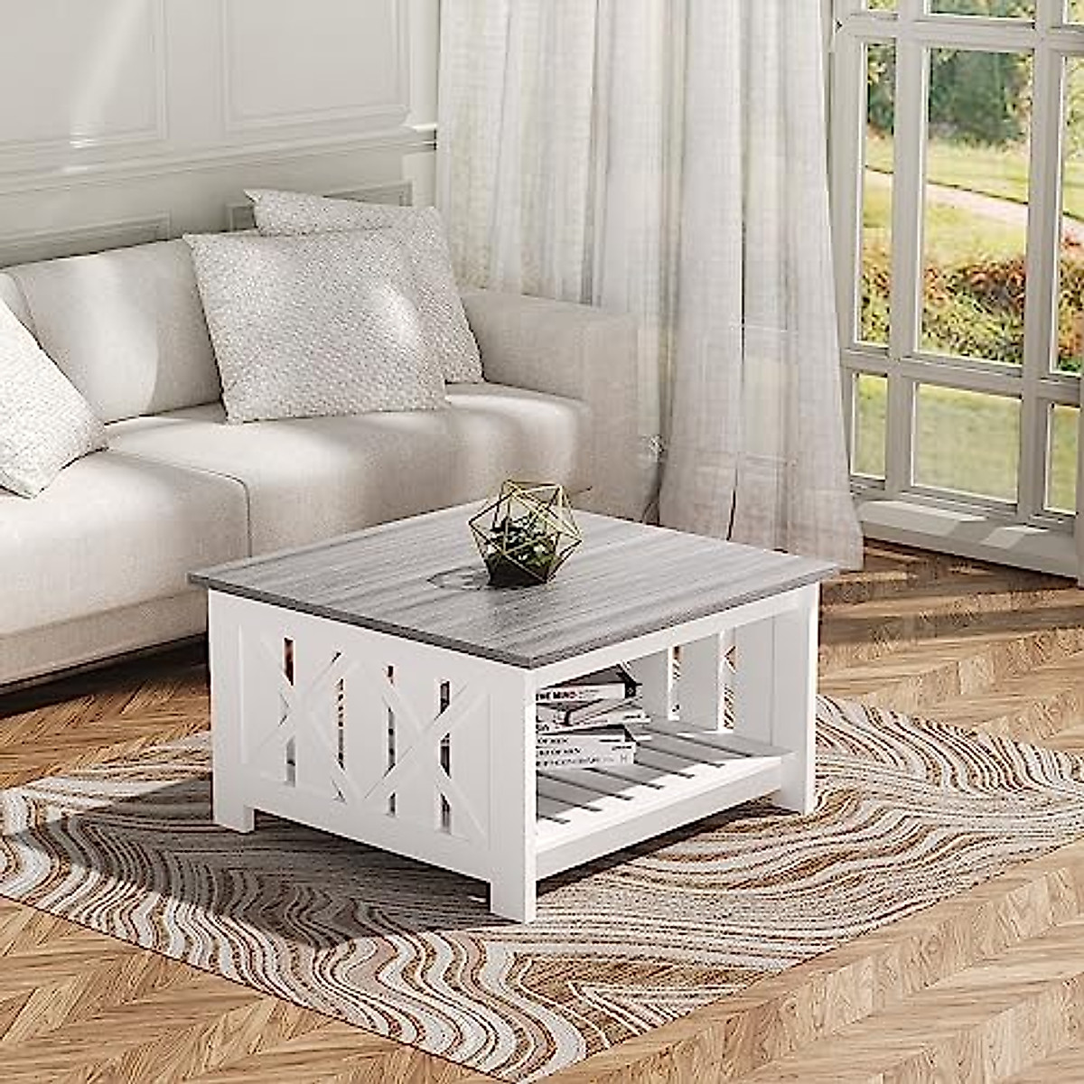 VOXANOXI Square Coffee Table with Storage, Modern Rustic Coffee Table for Living Room, Wooden Farmhouse Coffee Table with Open Storage, Center Table for Living Room, Rustic Grey