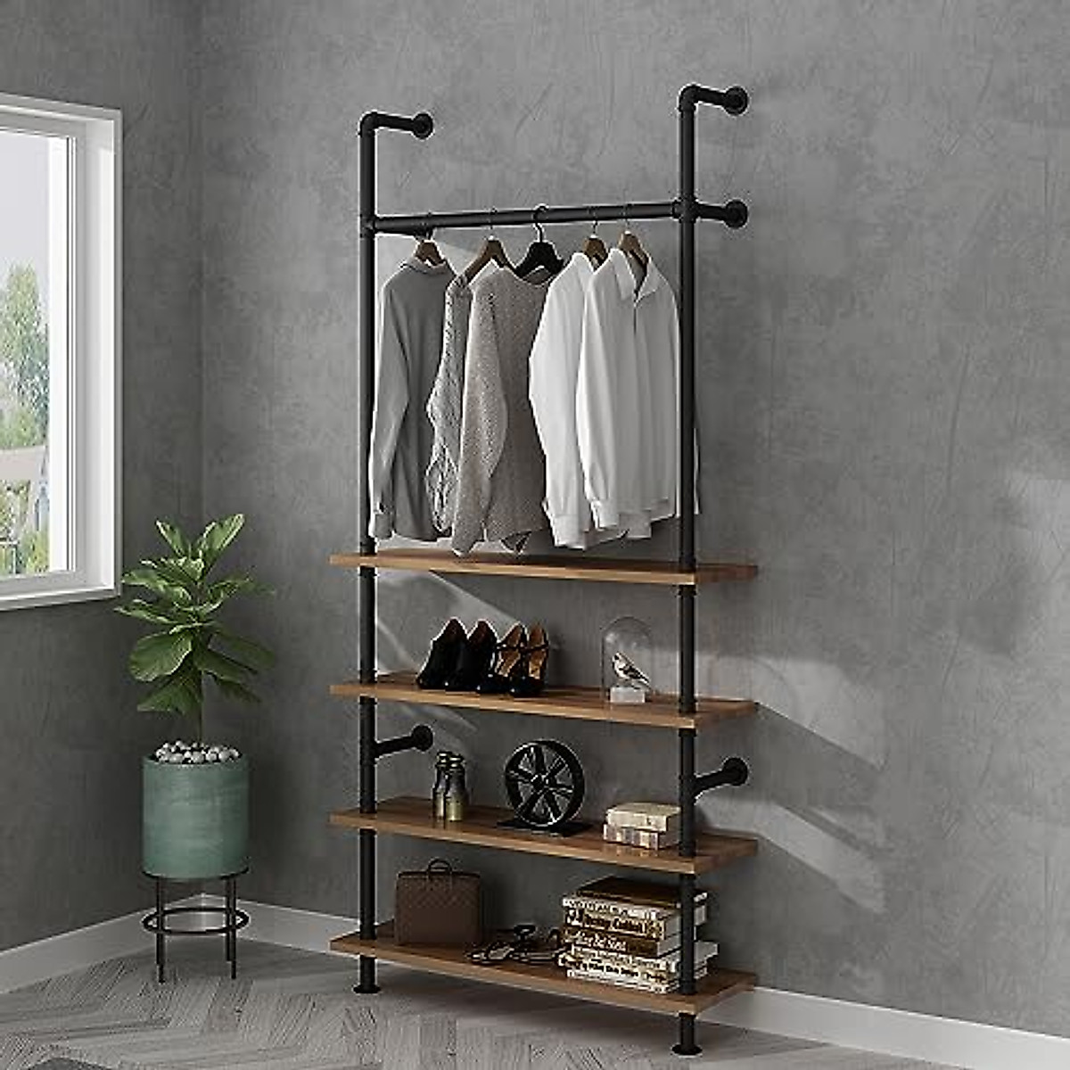 LANJIN Industrial Pipe Clothing Rack,Clothes Rack for Wardrobe, Bedroom and As Walk-in Closet System.Sturdy Clothing Racks for Hanging Clothes,Wall Mounted Heavy Duty Clothes Rack,Black C