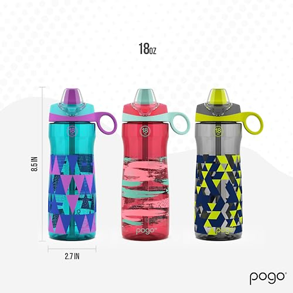 Pogo BPA-Free Tritan Kids Water Bottle with Silicone Soft Straw, Pink Paint, 18 oz.