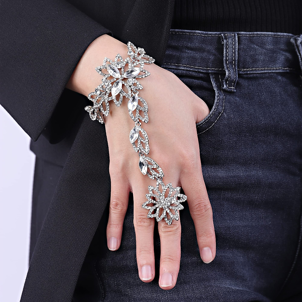 YERTTER Dainty Spark Shining Rhinestone Crystal Hand Chain Bracelet with Finger Ring Flower Slave Link Bracelet Wedding Bridals Hand Jewelry (Style 13)