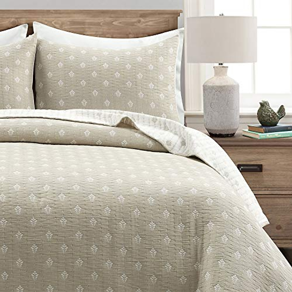 Lush Decor Hygge Kantha Pick Stitch Yarn Dyed Cotton Jacquard 3 Piece Quilt/Coverlet Set, Full/Queen, Neutral & Off-White