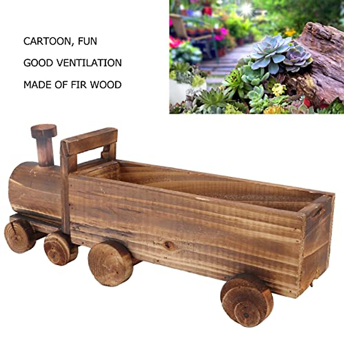 Sempoda Creative Wooden Plants Flower Pot for Succulent Plants, Cartoon Train Shape Planter Container Bonsai, Cute Rustic Landscape Ornament for Desk Garden Home Office Balcony Courtyard Decor