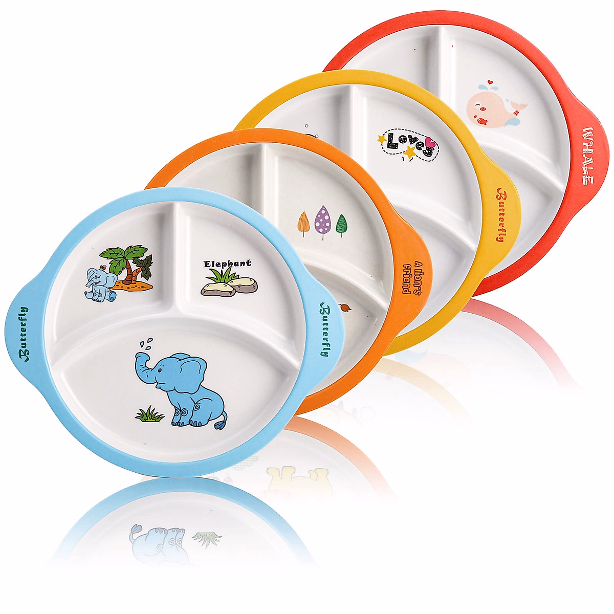 ZOOFOX 4 Pieces Kids Divided Plates, Bamboo Portion Plate with 3 Compartment, Unbreakable Cartoon Tray for Toddlers, Dishwasher Safe, BPA Free
