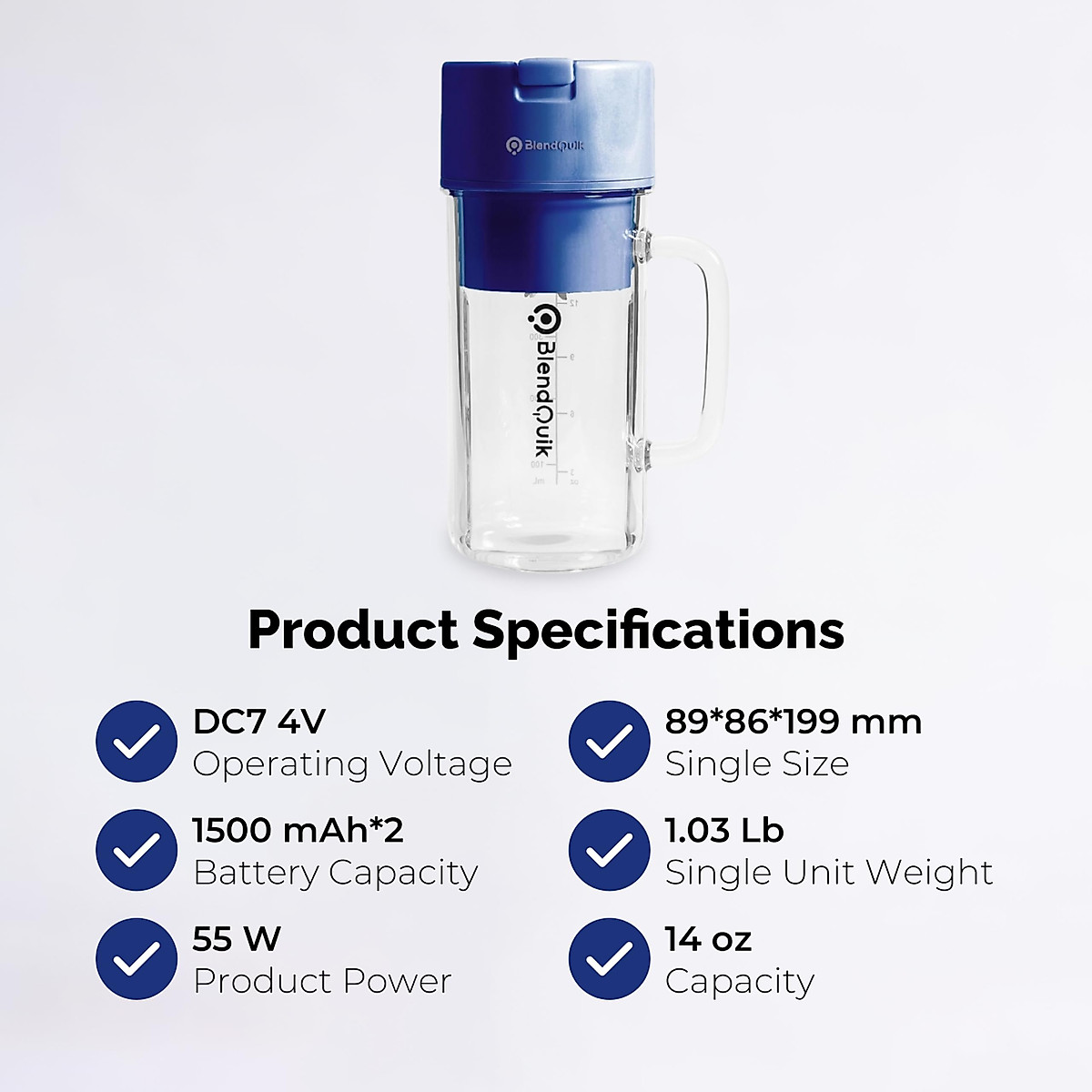 BlendQuik, Personal Portable Blender For Shakes & Smoothies, Leakproof & Stylish Portable Mason Jar Shaker, Rechargeable Mini Blender with 10-Blade Blending System 14oz, Dark Blue