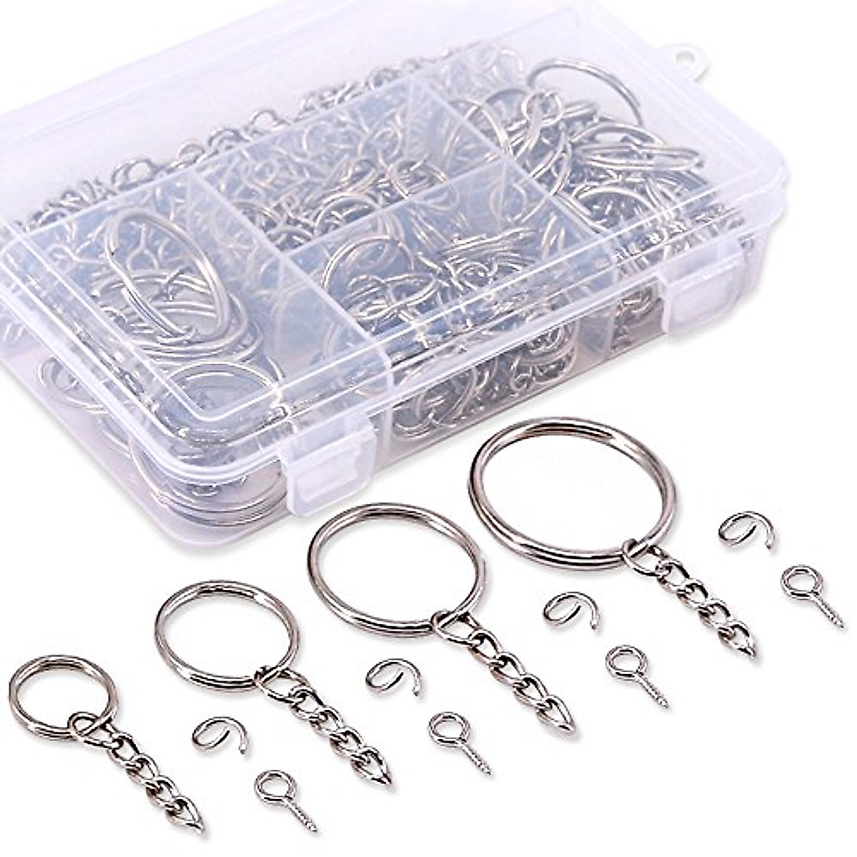 Swpeet 300Pcs Key Chain Rings Kit, 100Pcs Keychain Rings with Chain and 100Pcs Jump Ring with 100Pcs Screw Eye Pins Bulk for Jewelry Findings Making - 3/5 Inch, 4/5 Inch, 1 Inch, 6/5 Inch (Sliver)